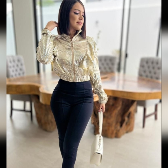 MEXICANA | Jackets & Coats | Shimmering Gold Cropped Bomber Jacket With ...